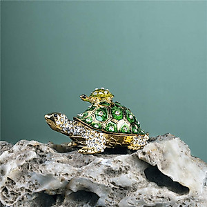 YU FENG Crystals Bejeweled Turtle Trinket Box Hinged Enameled Mother-Child Tortoise Animal Figurine Jewelry Ring Holder Box