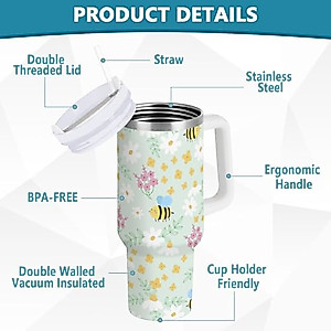 CIJEMAPW Cute Bees Among Flowers Insulated Tumblers Cartoon 30 oz Water Bottles Travel Mug with Handle and Straw Lid Leakproof School Work Outdoor for Women & Men