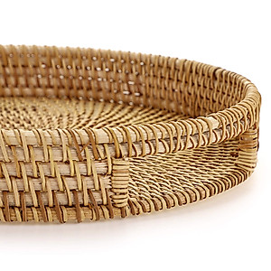 Hipiwe 10" Round Rattan Serving Tray with Handles, Hand-Woven Decorative Organizer Tray for Storage Breakfast Drinks Snack, Centerpiece Fruit Basket for Home Decoration, Small