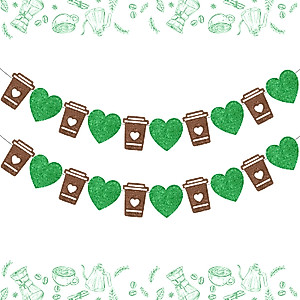 Coffee Bar Banner Green, Glitter Coffee Cup and Heart Garland, Latte Banner for Birthday Bachelorette Engagement Wedding Baby Shower Party, Coffee Bar Wall Table Decorations