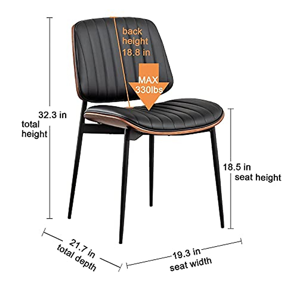 LUNLING Dining Chairs Set of 2 Mid Century Modern Retro Faux Leather Chair with Walnut Bentwood Upholstered Seat Metal Legs Adjustable Foot for Kitchen Dining Room Chairs(Black)