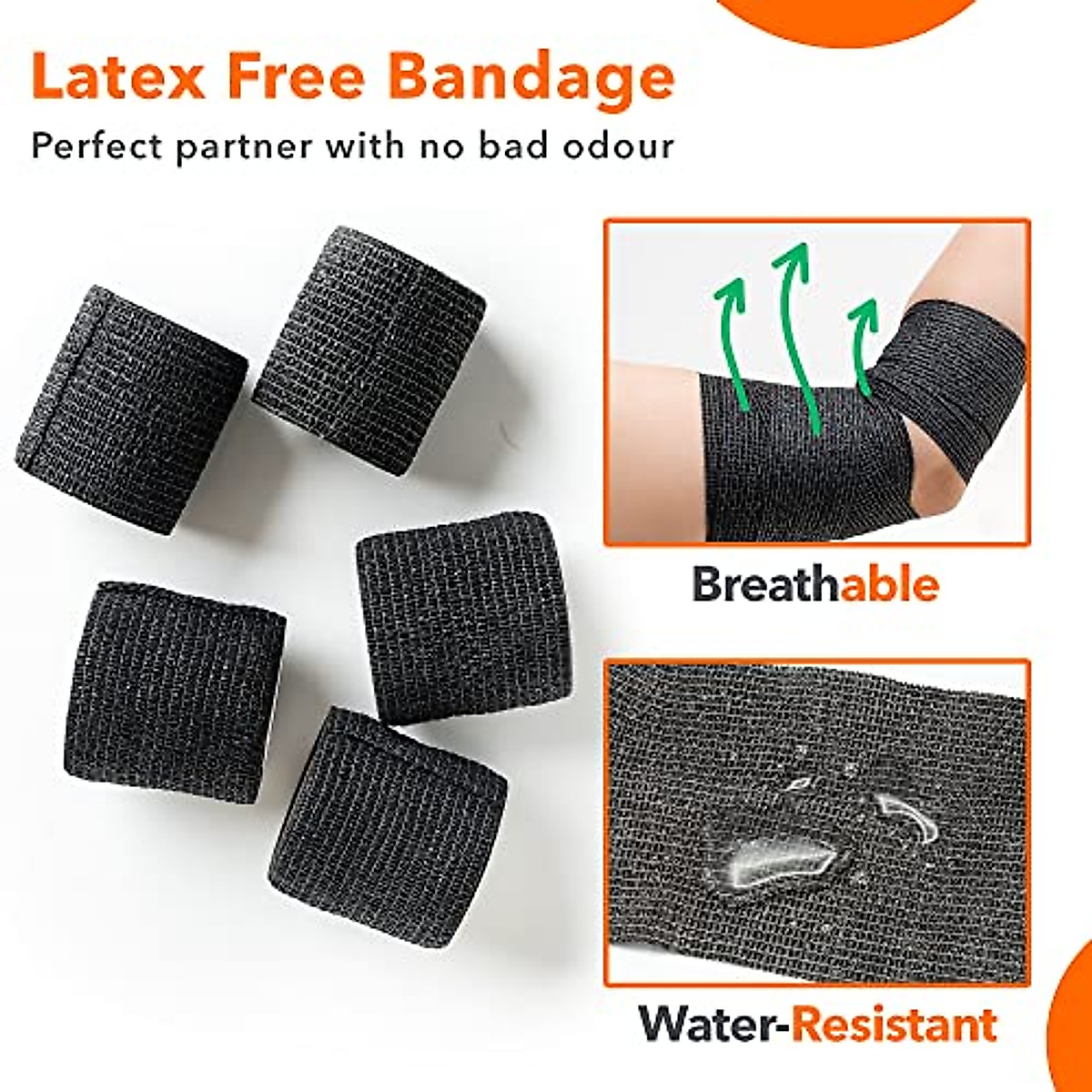 WECAREZ Self Adhesive Bandage Wrap 2 inch x 5 Yards - 24 PCS Black Latex Free Non-Woven Coban Wrap - Elastic Cohesive Bandage for Sports, Wrist and Ankle - Vet Wrap for Dogs and Horses