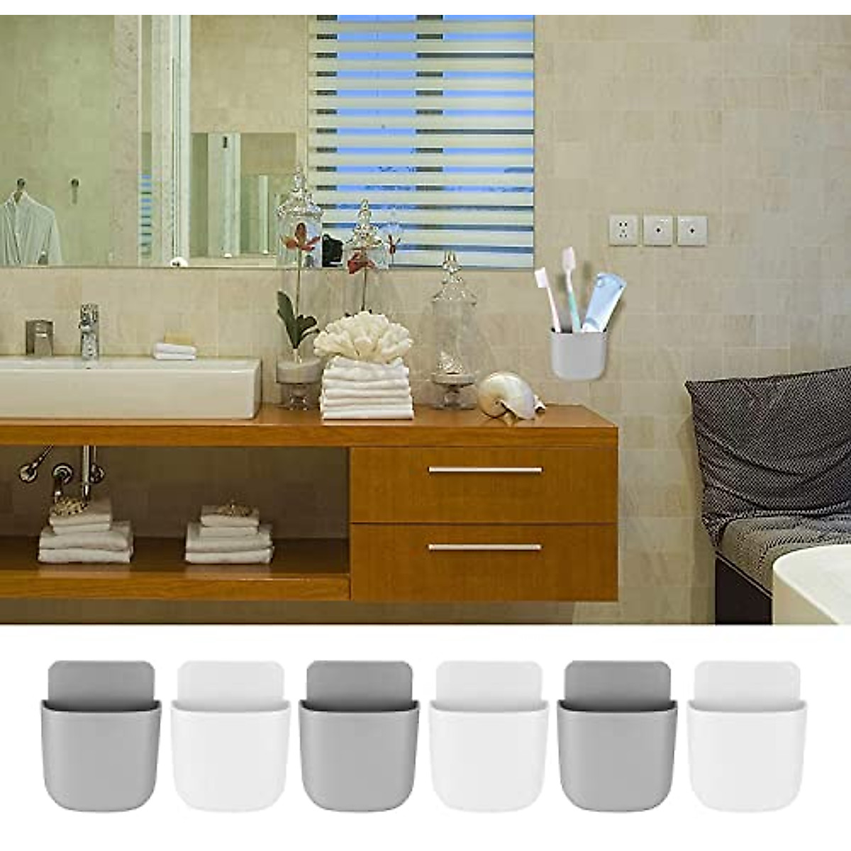 TOOINKCV 6 Pcs Remote Control Holder Wall Mounted, Self-Adhesive Wall Mount Phone Pen Pencil Makeup Brushes Glasses Holder Storage Box Organizer for Wall Beside Table (3 White+ 3 Grey)
