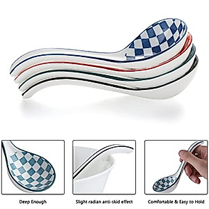 Porcelain Soup Spoons Asian Soup Spoon Set of 4 Large Chinese Soup Spoon Curved Handle Korean Ramen Spoons for Pho Ramen Noodles Wonton Dumpling Rice (Model 3#)