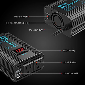 300W Power Inverter DC 12V to AC 120V Car Power Converter Adapter with 2x2.4A USB Ports and LED Display Dual AC Outlets【3YRS Warranty】 Black