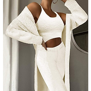 Fixmatti Women's Fuzzy 3 Piece Sweatsuit Open Front Cardigan Crop Tank Tops Wide Legs Pants Lounge Sets (Small, 1-White)