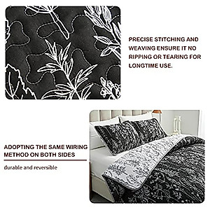 Joyreap 3 Pieces Quilt Set Full/Queen, Black n White Reversible Botanical Design, Smooth Soft Microfiber Quilt, Bedspread Bed Cover for All Season, 1 Quilt and 2 Pillow Shams- 90x90 inches