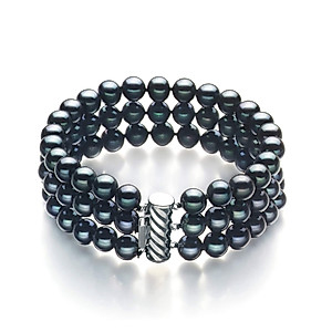 Medina Black 6-7mm Tripple Strand AA Quality Freshwater Cultured Pearl Bracelet for Women-7.5 in length