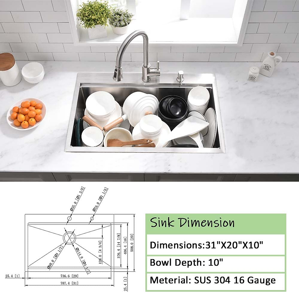 31 Inch Drop In Kitchen Sink Workstation- Wesliv 31x20 Inch Drop Sink Topmount Ledge Workstation Stainless Steel 16 Gauge Single Bowl Overmount Kitchen Sink with Cutting Board