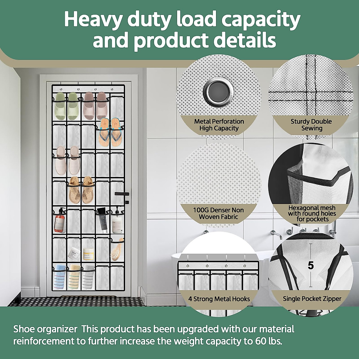 PAULONE 35 Pocket Over the Door Shoe Organizer,Reusable Breathable Large Mesh Bag Men's & Women's Sneaker Organizer,Shoe Organizer for Kids,Hanging Shoe Storage Hanging Bag (White)