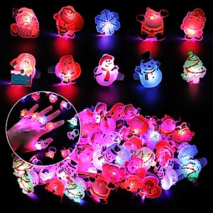 KIMOBER 50PCS Christmas Light Up Rings,Assorted Santa Snowman Flash LED Rings Toys Glow in the Dark Rings Toys for Xmas Kids Party Favors