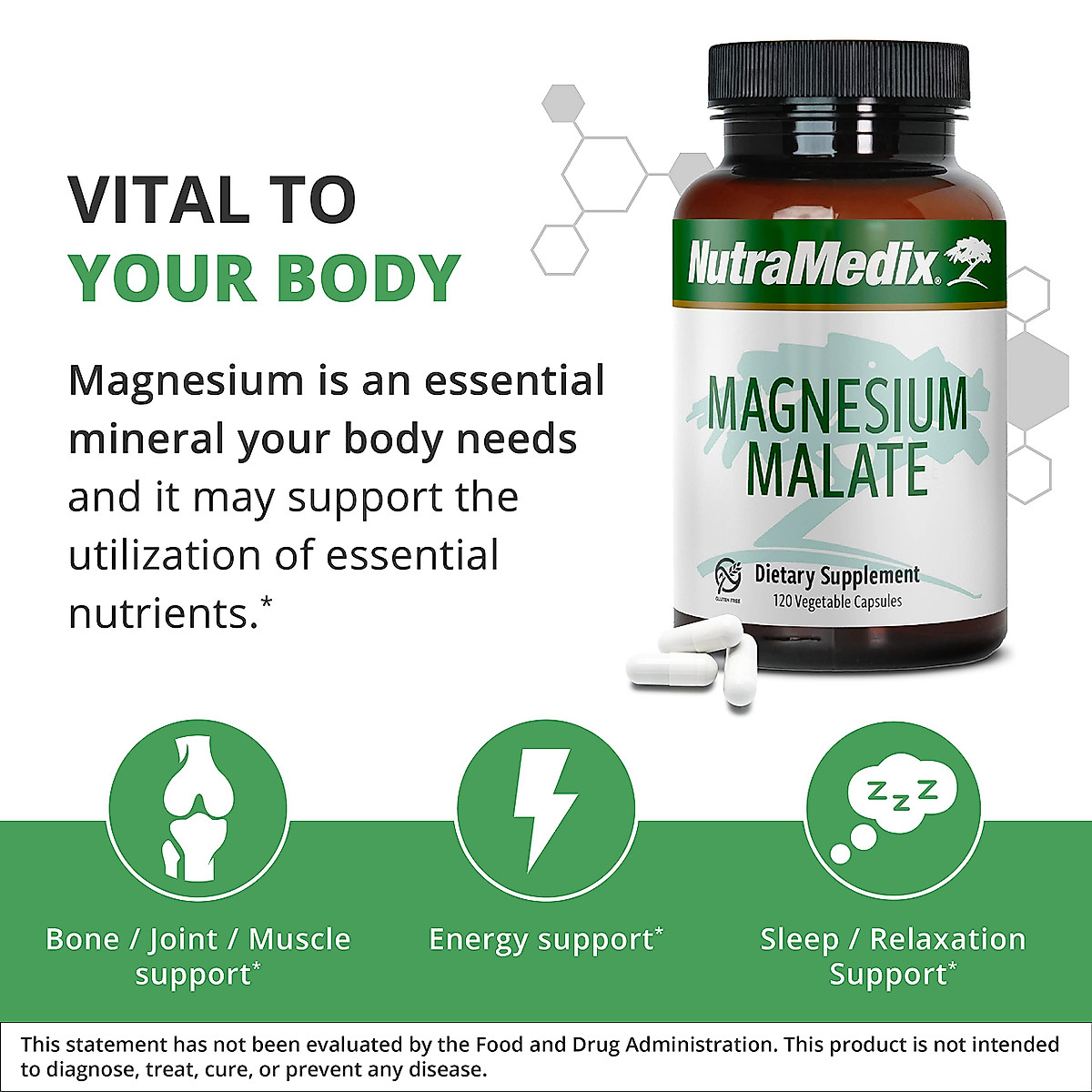 NutraMedix Magnesium Malate Energy Supplements - Bioavailable Magnesium for Sleep, Immune Support & Joint Health - Vegan, Non-GMO & Gluten-Free Magnesium Supplements (120 Vegetarian Capsules)