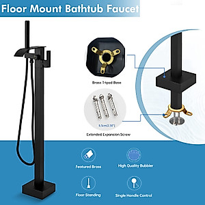RUMOSE Tub Filler Freestanding Bathtub Faucet Matte Black Floor Mount Tub Faucet Waterfall Free Standing Bathtub Filler High Flow Brass Bath Shower Faucets with Handheld Sprayer