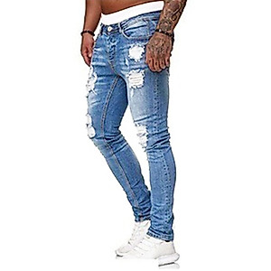 HUNGSON Men's Blue Slim Fit Jeans Stretch Destroyed Ripped Skinny Jeans Side Striped Denim Pants(LLBlue,30)
