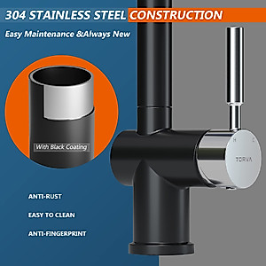 TORVA Black Pull Down Kitchen Faucets, Stainless Steel Kitchen Sink Faucet with Pull Out Sprayer Single Handle with Deck Plate, Matte Black