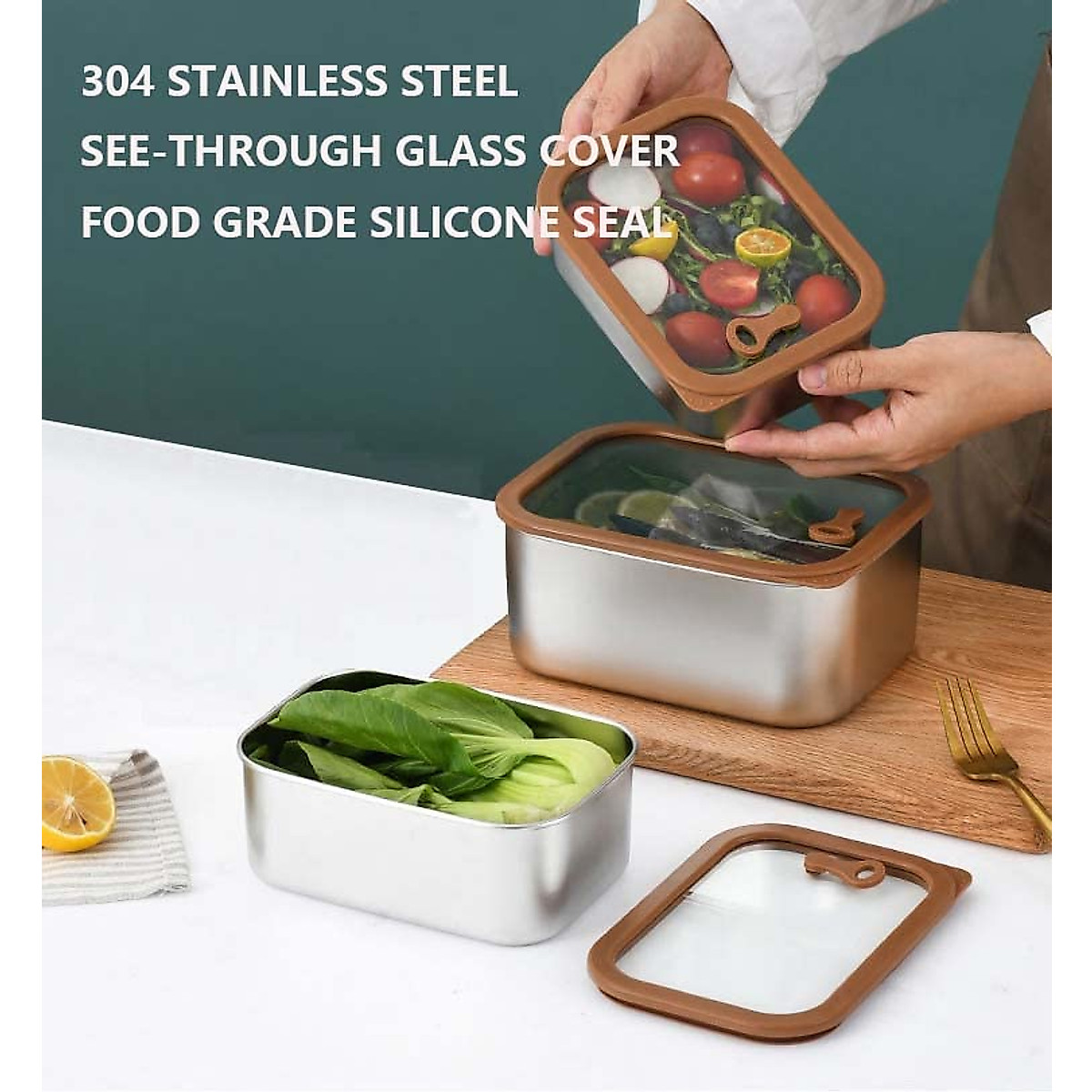 GRFELI Stainless Steel Food Storage Containers, Bento Lunch Box Leak Proof with Silicone Glass Cover,Kitchen Containers - Set of2 (600ml,1200ml), Dishwasher Safe - Plastic Free (Glass)