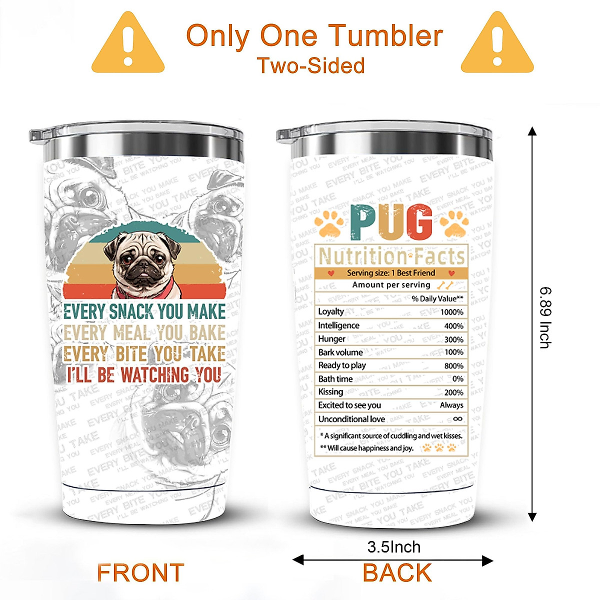 TkinTall Pug Gift for Pug Lovers - Pug Tumbler, Dog Cup with Lid, Pug Dad/Mom Gifts, Pug Stuff, Pug Decor 20 Oz Stainless Steel Insulated Bottle Coffee Mug