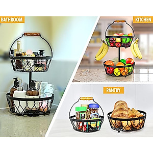 2 Tier Fruit basket for kitchen countertop with 4 banana hangers, Detachable, Large Capacity & Thick Wire construction, Fruit and vegetable bowl, fruit and vegetable storage, snacks, bread and more.