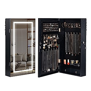Lavievert Jewelry Armoire with LED Lighted Mirror, Wall/Door Mounted Frameless Mirror with 3 Color Lights, Lockable Jewelry Cabinet Hanging Jewelry Organizer with 2 Drawers - Black