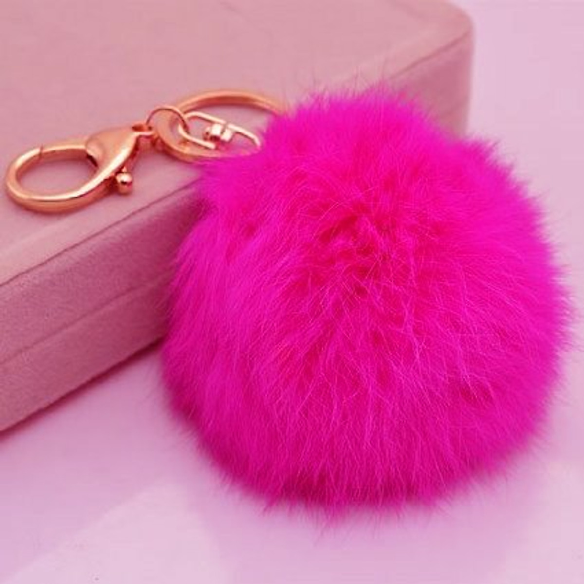 Miraclekoo Cute Rabbit Fur Ball Pom Pom Key Chain Rose Fluffy Keychain with Plush for Car Key Ring or Handbag Bag Decoration