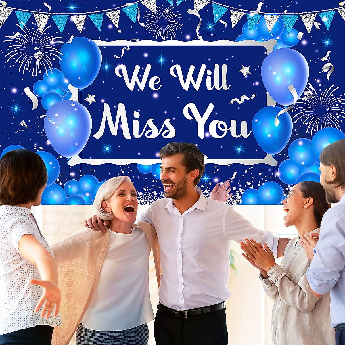 We Will Miss You Banner Party Decorations Navy Blue Silver Going Away Party Banner Supplies for Retirement Farewell Anniversary Veteran Graduation Office Job Change Work Goodbye Party Decorations