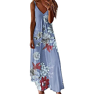 Mini Dresses for Women Women Summer Casual Sexy Sleeveless V Neck Long Flower Print Dress Blue