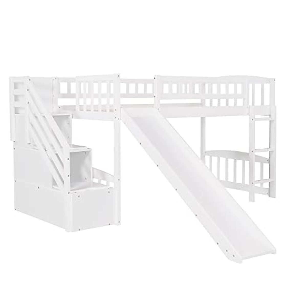 ODC Twin Size Loft Bed with 2 Drawers and Slide for Kids, Solid Wood Loft Bed Frame with Storage, Low Loft Bed with Slide, Ladder and Security Guardrail for Kids Girls Boys Teens