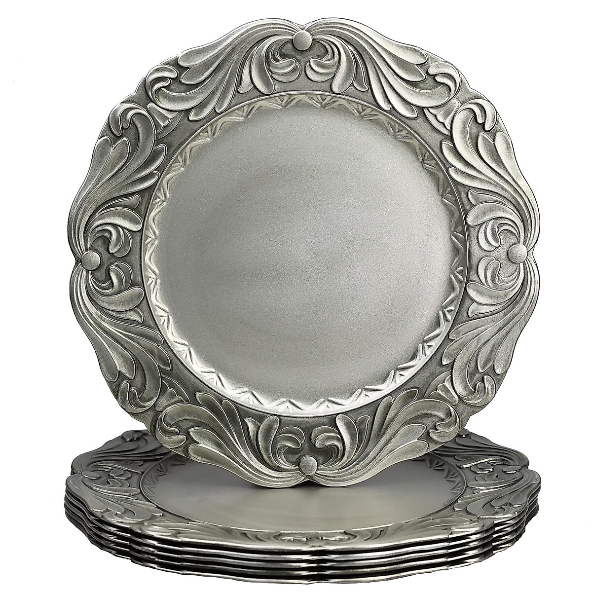 Leemxiiny Antique Silver Charger Plates with Embossed Edge, Plastic Flora Decorative Chargers for Dinner Plates Set of 6 Bulk Wedding for Table Setting, Party, Holiday