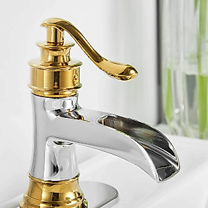 Homevacious Bathroom Faucet Waterfall Single Handle Chrome and Gold Vanity with Pop Up Drain with Overflow One Hole Lever Bath Sink Basin Restroom Mixer Tap Commercial Supply Line Lead-Free