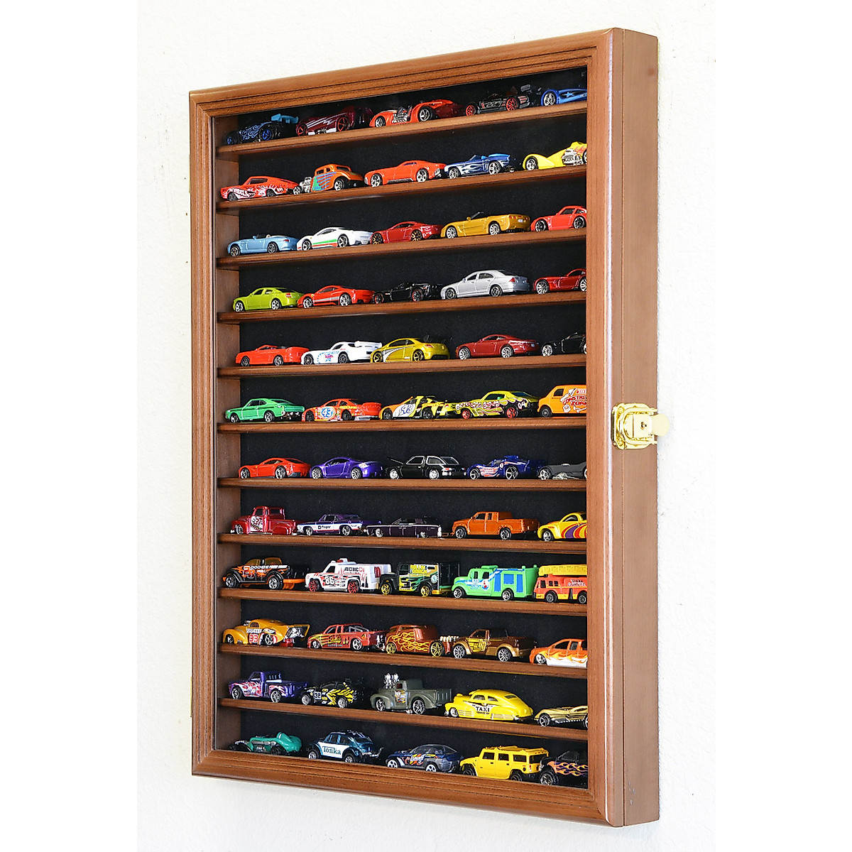 Hot Wheels Matchbox 1/64 Scale Diecast Model Display Case Cabinet Wall Rack w/98% UV Protection -Walnut
