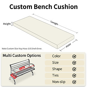 Millsilo Outdoor Bench Cushion, Custom Bench Cushions for Patio Furniture, Thicken Indoor Window Seat Cushion, Non-Slip Piano Swing Bench Pads, Loveseat Long Chair Cushions Removable Cover with Piping