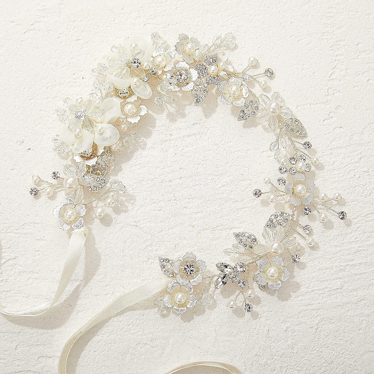 SWEETV Pearl Bridal Headband Sliver Wedding Headpieces for Bride, Crystal Flower Hair Accessories for Women Girls