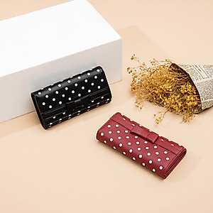 ROYALFAIR Polka Dot Wallet for Women, PU Leather Lady Purse with Cute Bowtie Card Holder Money Manager with ID Window (White Dots in Red)