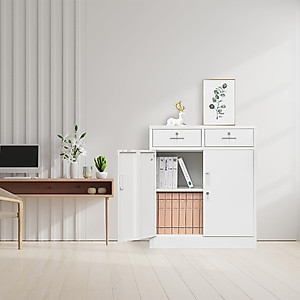 CMY Metal Storage Cabinet with Locking Doors and Adjustable Shelf, 36" H Steel Cabinet with Two Drawers, Locking Storage Cabinet for Office, Garage, Home-White