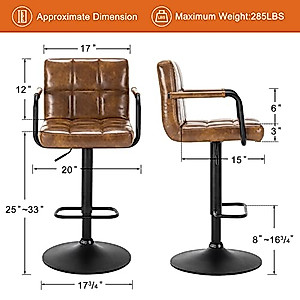 Furniliving Adjustable Bar Stools with Armrest, Modern Square PU Leather Chairs with Back Swivel Counter Height Barstools with Arms for Kitchen Dining Pub Cafe, Set of 2 (YellowBrown)
