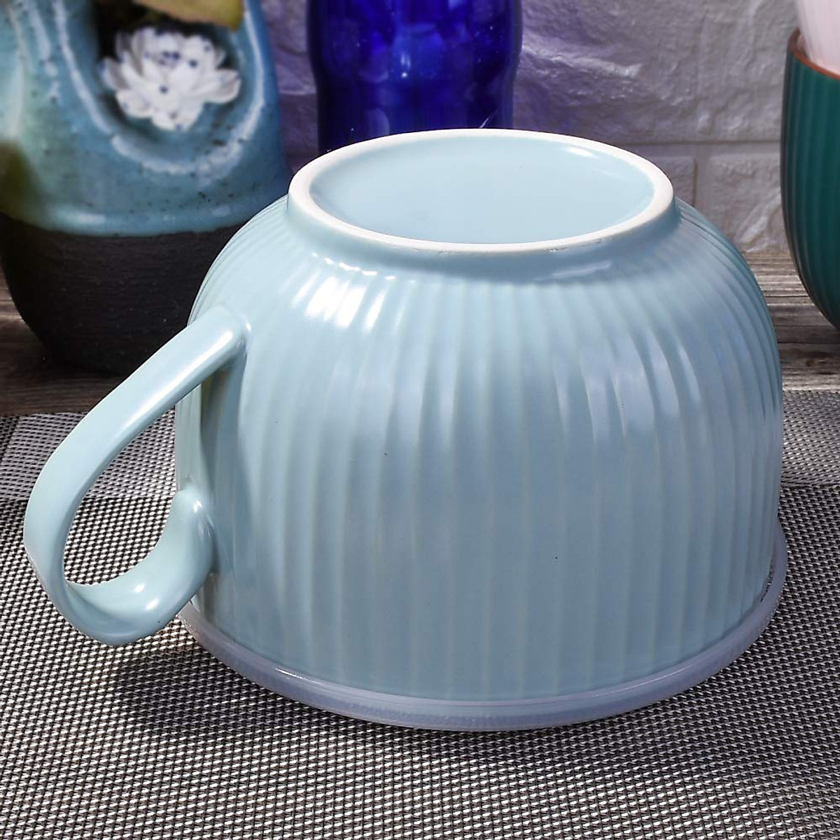 BOSILI Ceramic Soup Bowls with Handles Microwave Safe Bowl with Lid Microwavable Soup Mug with Lid Large Soup Cups for Ramen Noodle Cereal