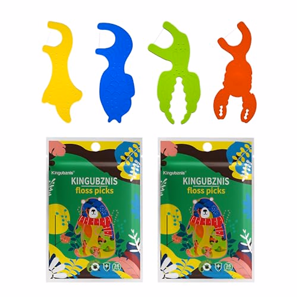 Kingubznis Dental Floss Picks, Colorful Kids & Toddler Tooth Flossers Sticks with Portable Travel Bag, Cute Marine Creature Shape Makes Slim Fun, Toothpicks Picks for Children Adult (72 Count)