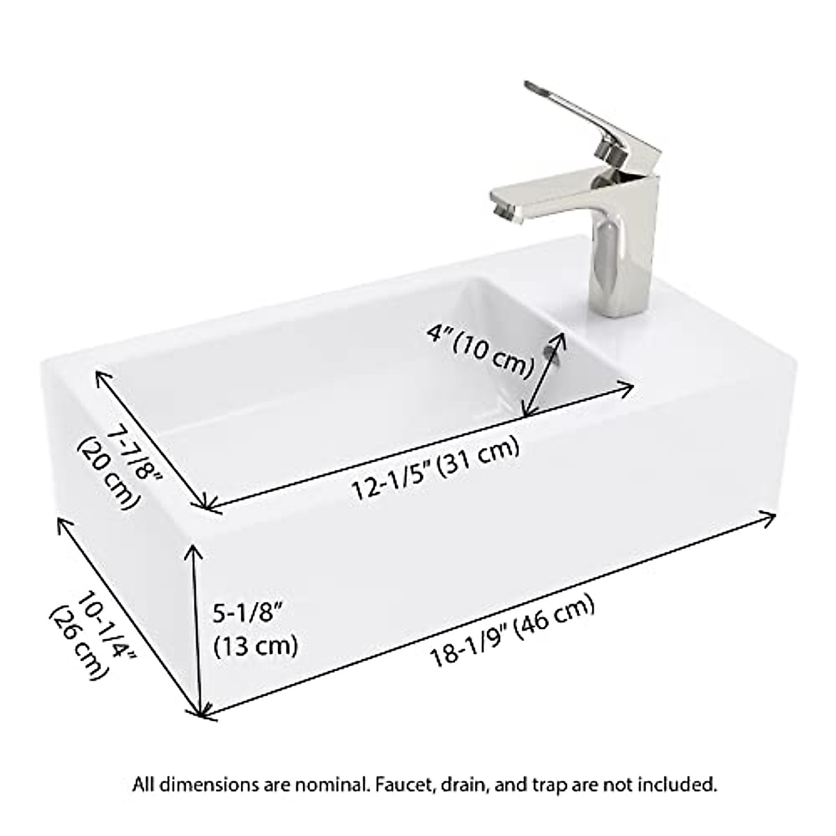 AMASHEN 18" Wall Mount Bathroom Sink, Floating Vanity Unit Sink, Small Rectangular Ceramic Cloakroom Wash Basin, White, Right Hand