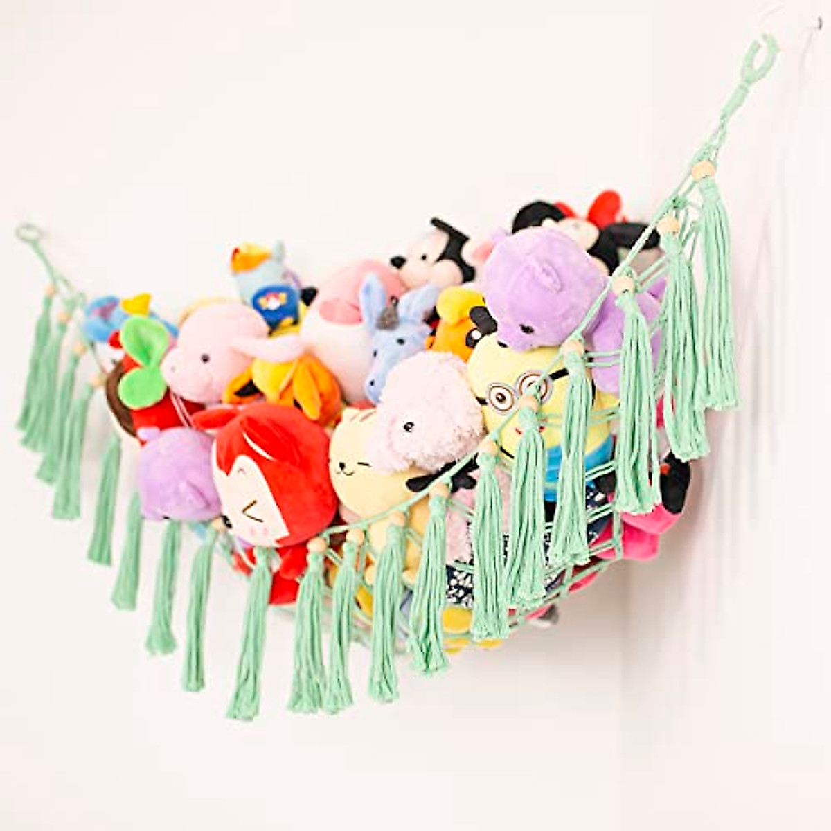 MAKEONEWO Stuffed Animal Toy Net Hammock -Handmade Large Macrame Toy Hammock Organizer Animal Display Corner Hanging Net Plush Toys Holder Boho Nursery Playroom Bedroom Kids Room Storage-Green…