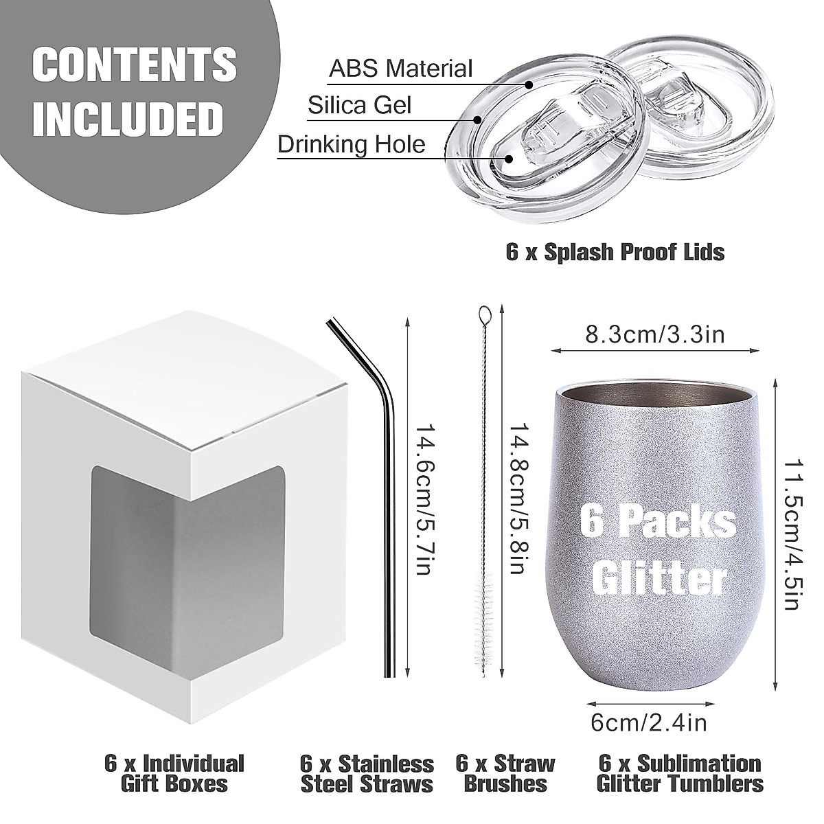 BetterSub 6 Pack Sublimation Glitter Silver Tumblers 12oz Double Wall Insulated Sublimation Blanks Tumblers, Stainless Steel Sublimation Cups with Lid, Metal Straw, Brush, Display Box
