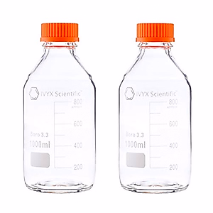 IVYX Scientific Round Media Storage Bottle, Borosilicate Glass, with GL45 Screw Cap - Pack of 2 (1L / 1000 mL)