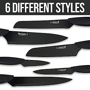Lutema 12-Piece Kitchen Knife Set 6 Black Colored Knives + 6 Blade Covers