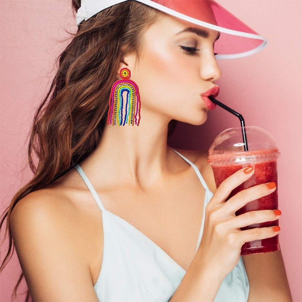 Statement Drop Earrings Rainbow Tassel Beaded Dangle Earrings Gift for Women