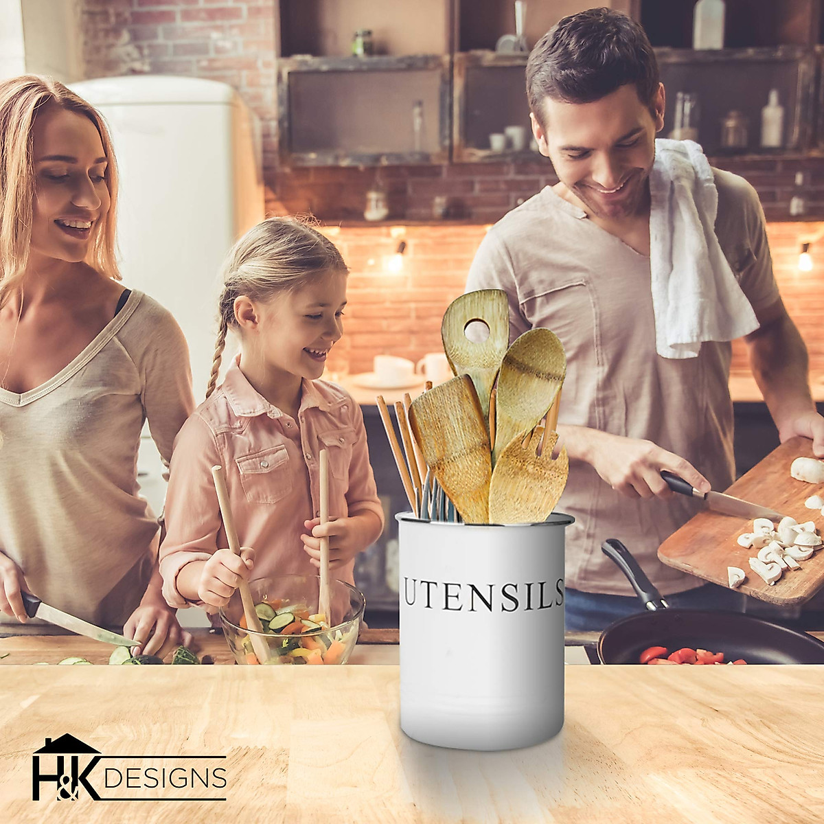 Kitchen Utensil Holder - Farmhouse Decor for Home - White Crock Organizer Caddy - Great for Large Cooking Tools by H+K Designs