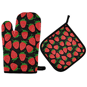 Pot Holders Oven Mitts Sets - Strawberry Fruit Cooking Gloves Hot Pads Non-Slip Potholders for Kitchen Grilling Cooking
