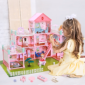 CUTE STONE Dollhouse, Doll House with Flashing Lights, Pretend Play Toddler Dollhouse Sets with 2 Dolls, Furniture, 8 Rooms and Doll Accessories, Creative Gift for Girls, L32 xH23