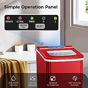 AGLUCKY Ice Makers Countertop with Self-Cleaning, 26.5lbs/24hrs, 9 Cubes Ready in 6~8Mins, Portable Ice Machine with 2 Sizes Bullet Ice/Ice Scoop/Basket for Home/Kitchen/Office/Bar/Party, Red