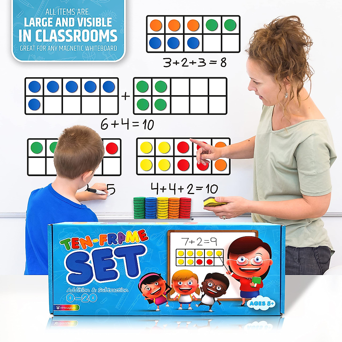Magnetic Ten Frame Set: 8 Durable Ten-Frames + 100 Colorful Counters + 80 Math Flash Cards + 10 Dice - Addition & Subtraction - Math Manipulatives Kit for Home, Kindergarten & Elementary Teachers