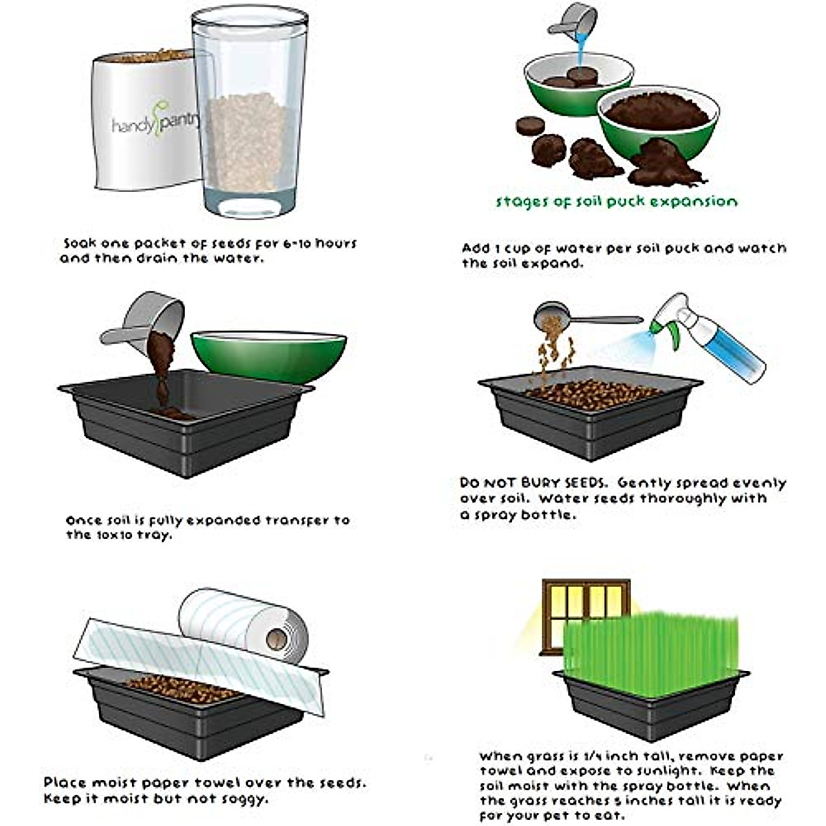 Handy Pantry Organic Cat Grass Kit - Includes 3 Trays, Soil Pucks, and 3 Packs Non GMO Wheatgrass Seed - A Healthy Treat For Cats, Dogs, Rabbits, More