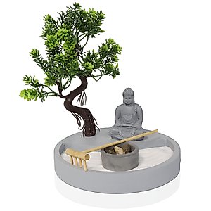 Round Shape, Zen Garden Tealight Candle Holder with a Mini Buddha Statue and a Bonsai Tree - A Perfect Japanese Art for Relaxation and Meditation - Free Your Mind with Our Mini Zen Garden Decor, Gray